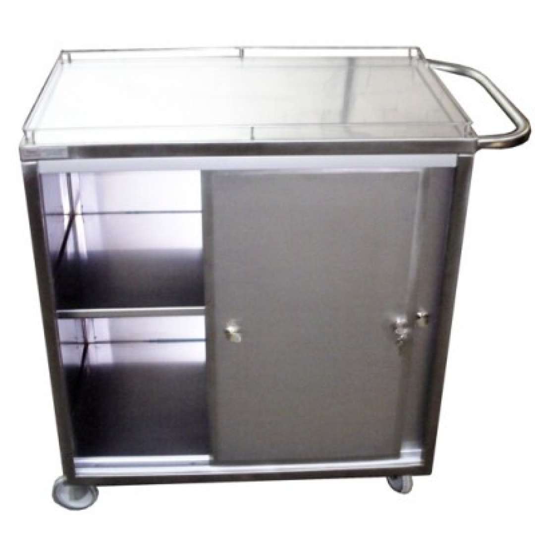 CARRINHO EM ACO INOX FECHADO C PORTAS DE CORRER E 1 PRATELEIRA 70CM X